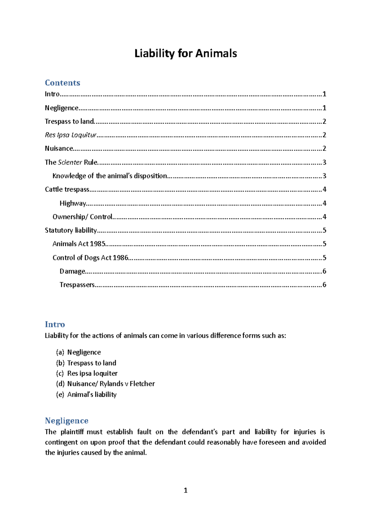 Liability for Animals - Tort Law - TU Dublin - Studocu