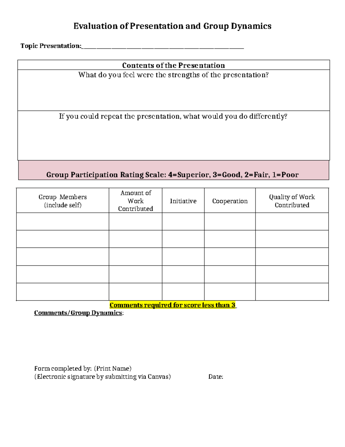 Evaluation of Presentation and Group Dynamics Final - Evaluation of ...