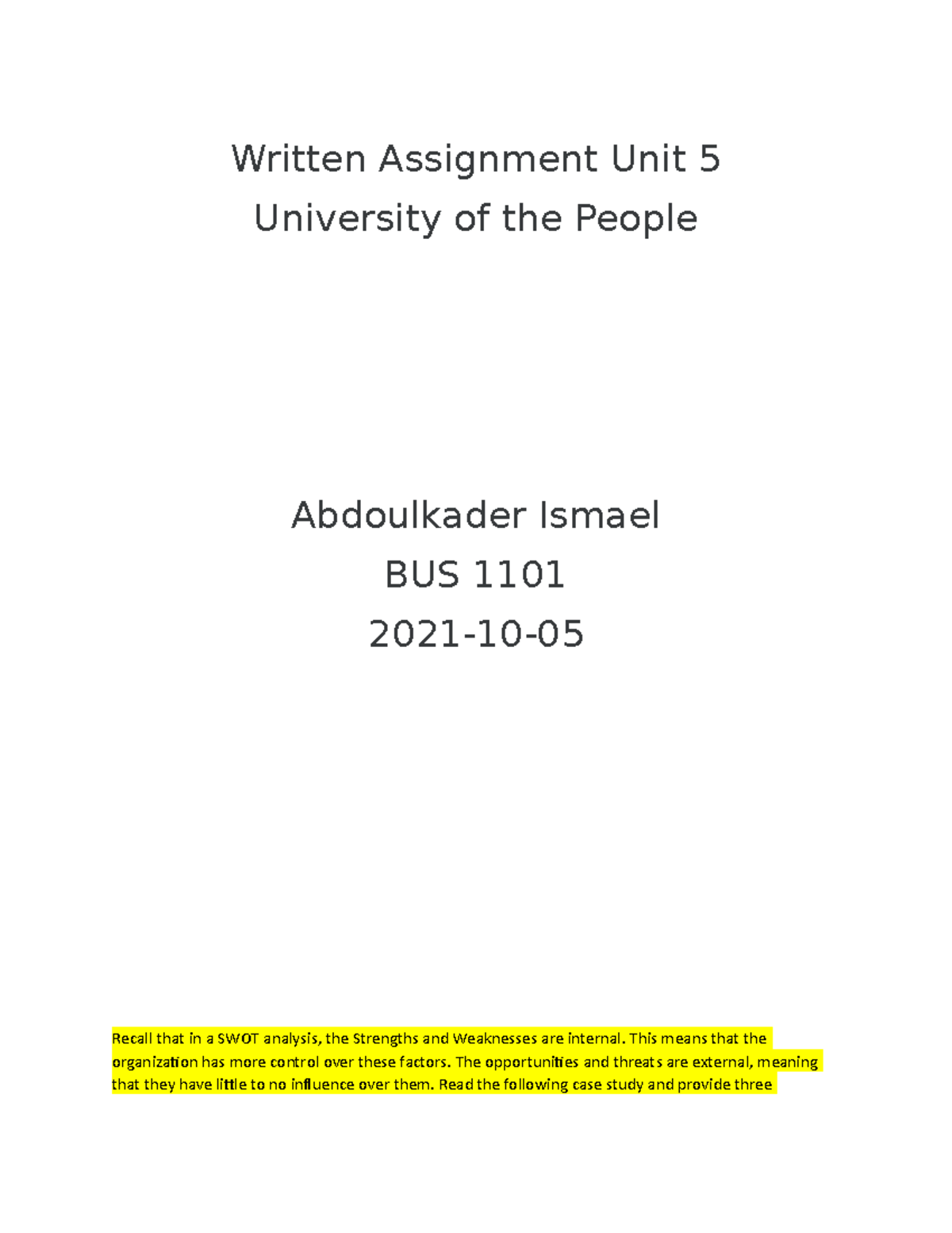 BUS 1101 Written Assignment Unit 5 - Written Assignment Unit 5 University of the People ...