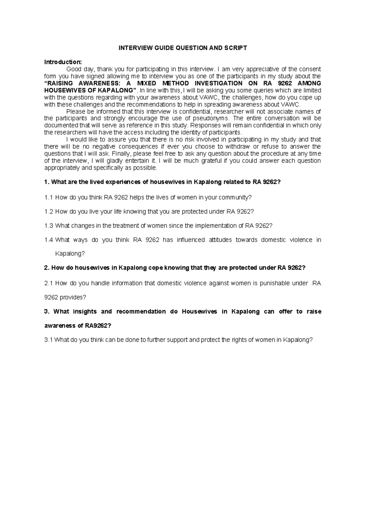 Quali-IQ - superv - INTERVIEW GUIDE QUESTION AND SCRIPT Introduction ...