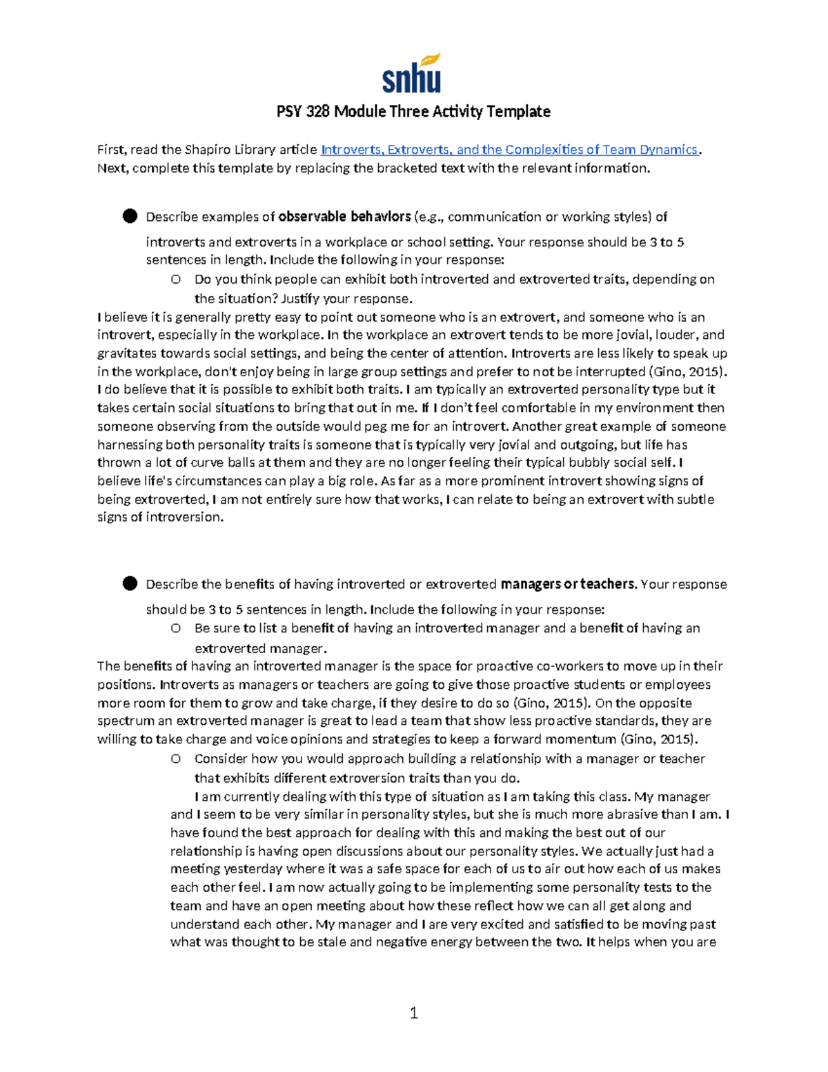 Moduel Three Extrovert - PSY 328 Module Three Activity Template First ...
