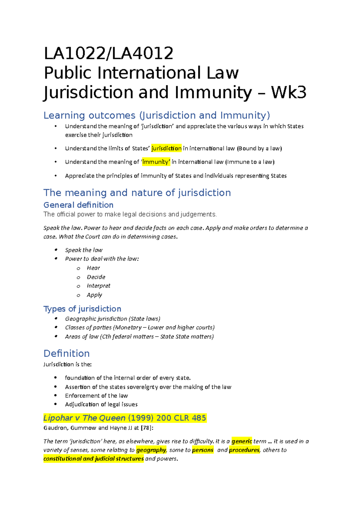 PI Lecture 3 - Public International Law Jurisdiction and Immunity Wk3 ...