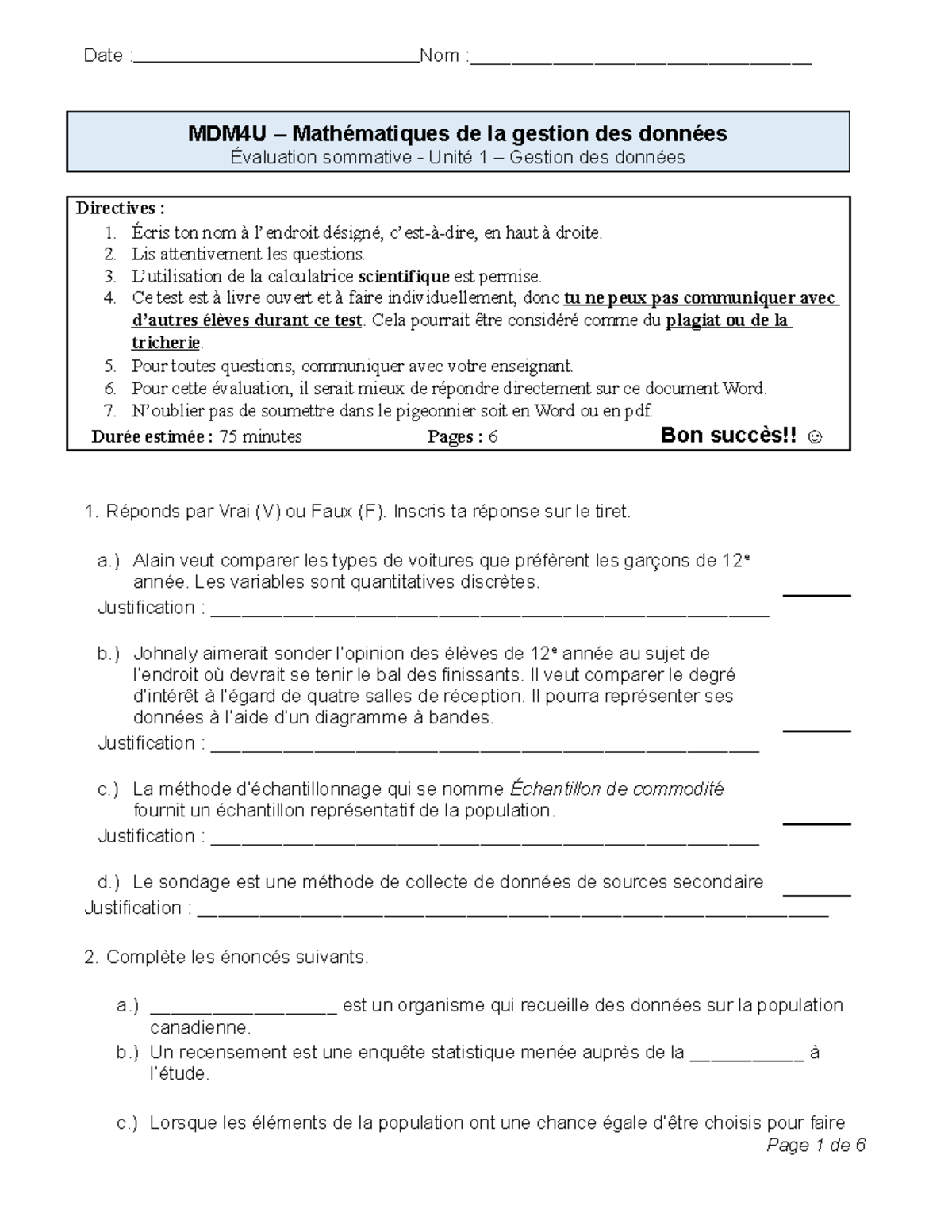 Unité 1 - Gestion des données 2021 - MDM4U – Mathématiques de la ...