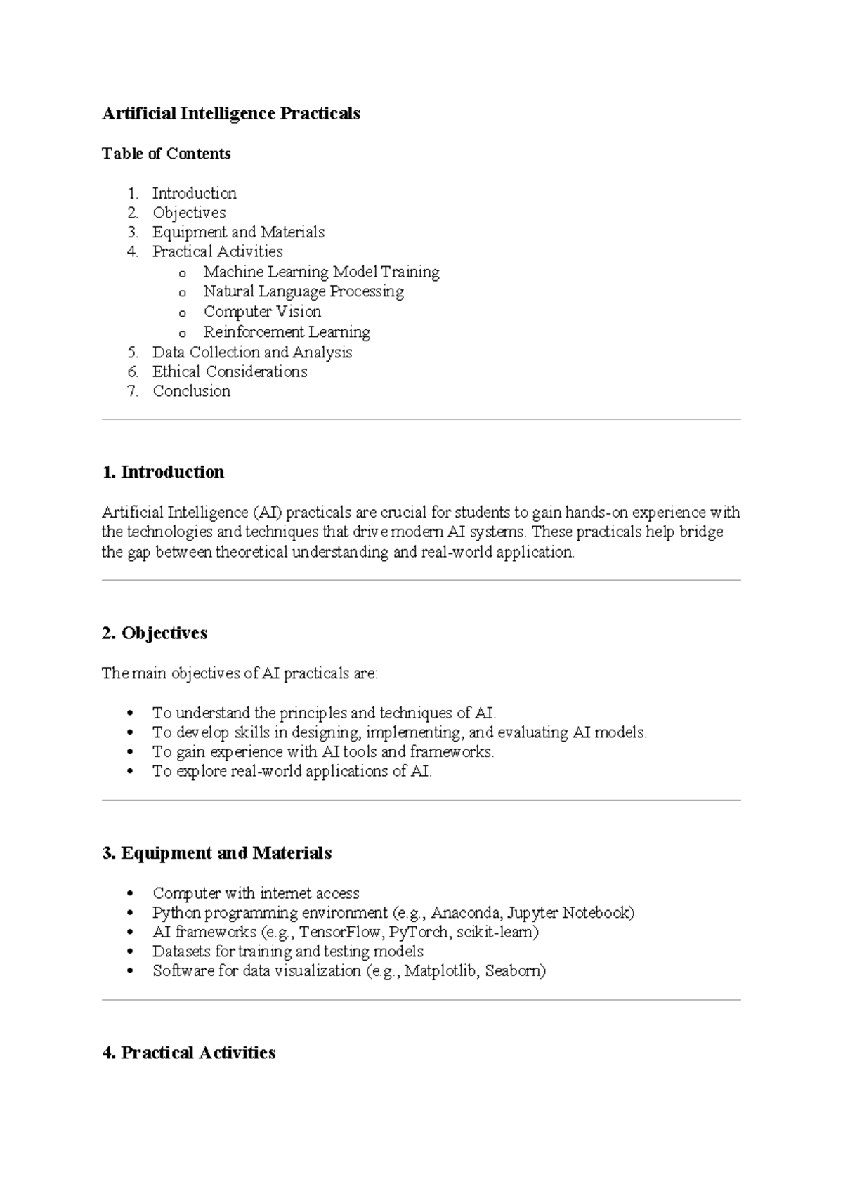 Artificial Intelligence Practicals - Introduction 2. Objectives 3. Equipment and Materials 4 ...