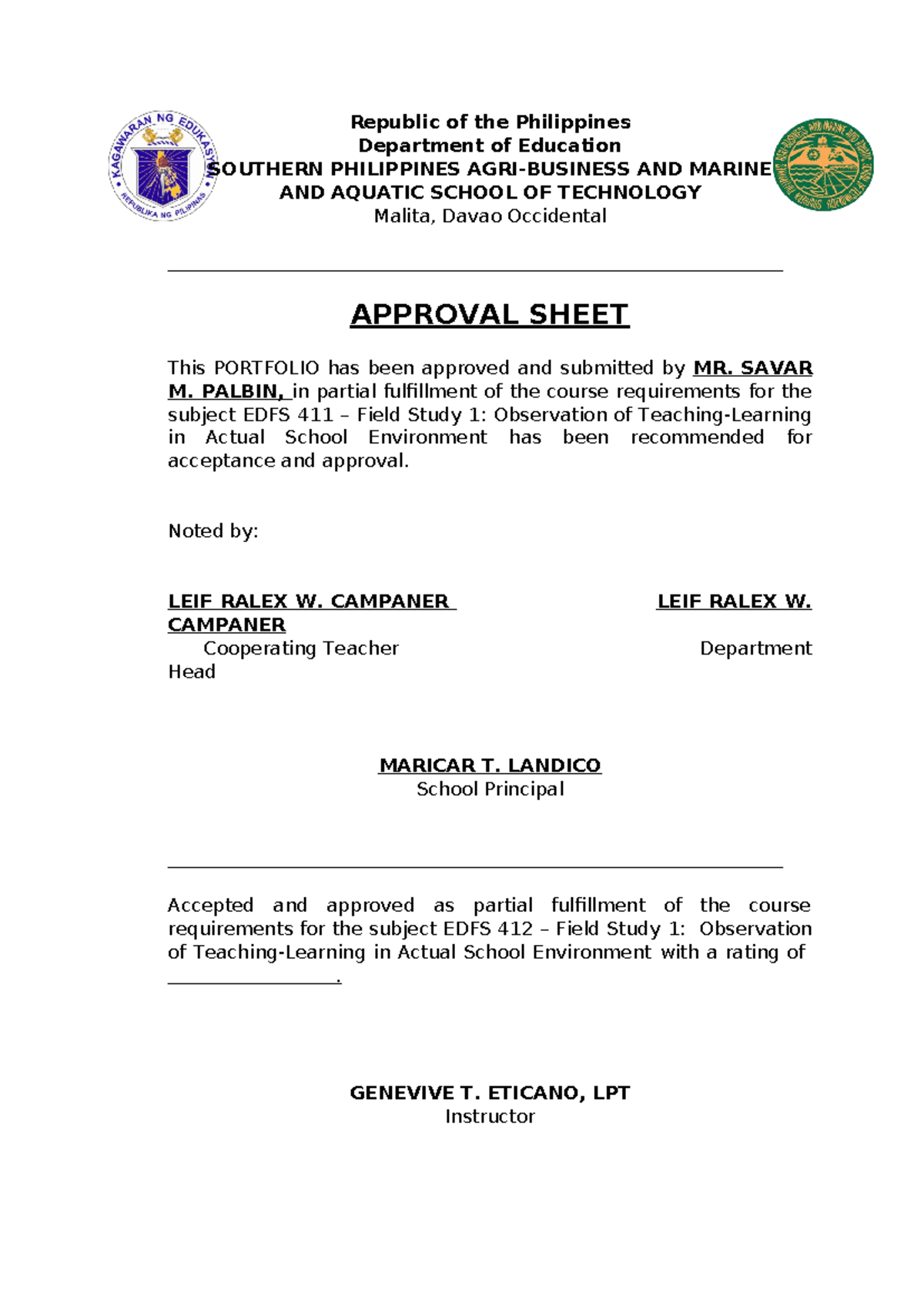 Approval-Sheet - Republic of the Philippines Department of Education ...