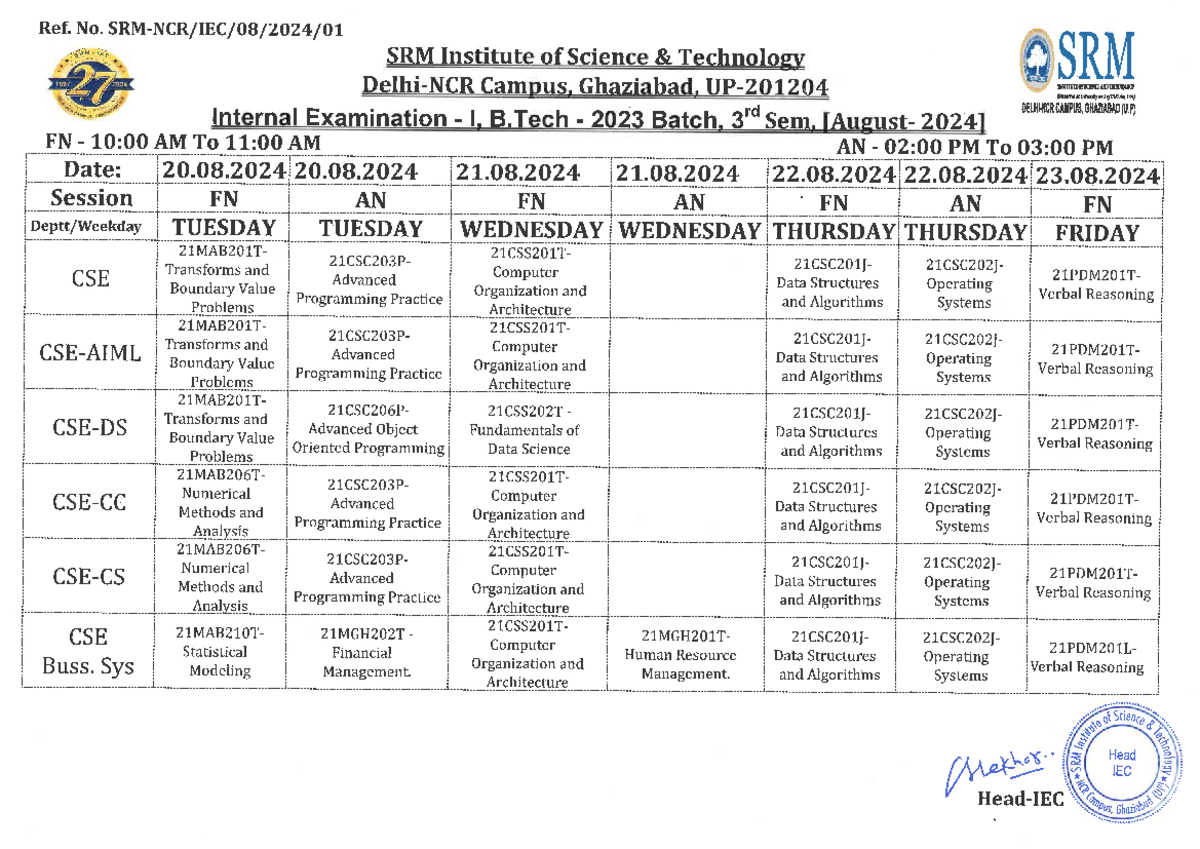 B.Tech 3rd & 5th Sem,Schedule I.E-I, AUG.-2024 (ODD SEM - Ref. No. SRM ...