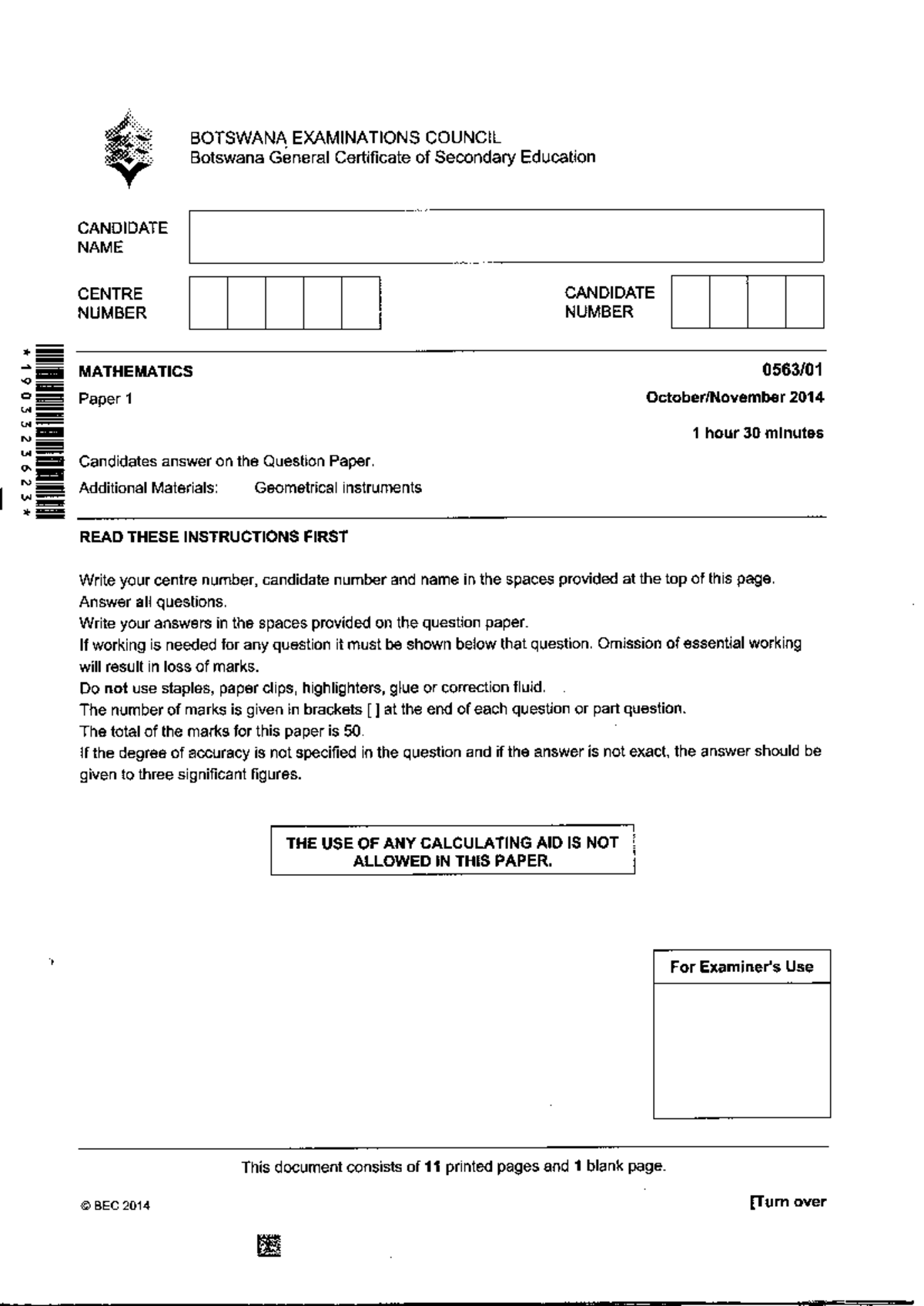 Bgcse Maths PP1 2014 - BOTSWANA EXAMINATIONS COUNCIL Botswana General ...