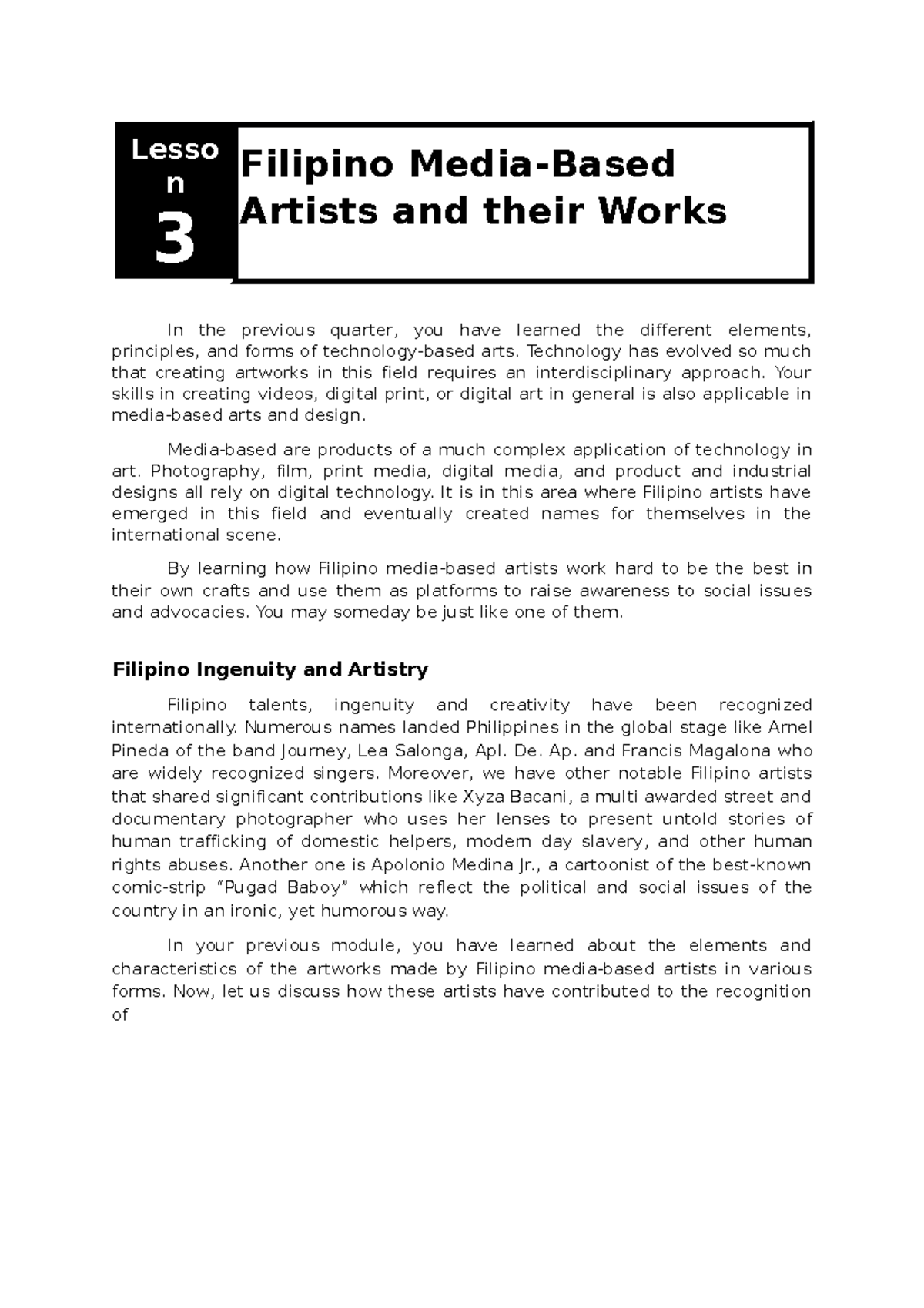 ARTS Lesson 3 (Group 3) - Learning Materials - Lesso n 3 Filipino Media ...