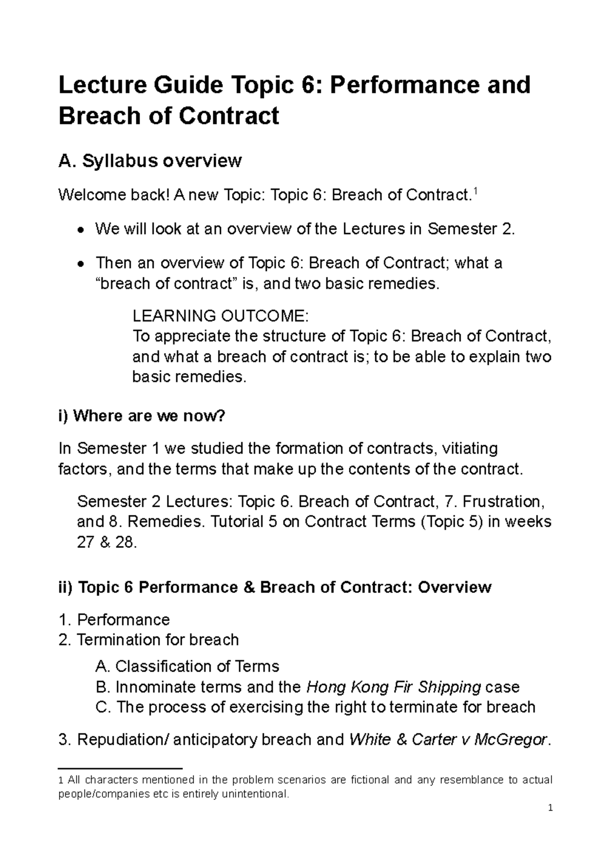 Contract T6 Lecture Guide Breach of Contract(1) - Lecture Guide Topic 6: Performance and Breach ...