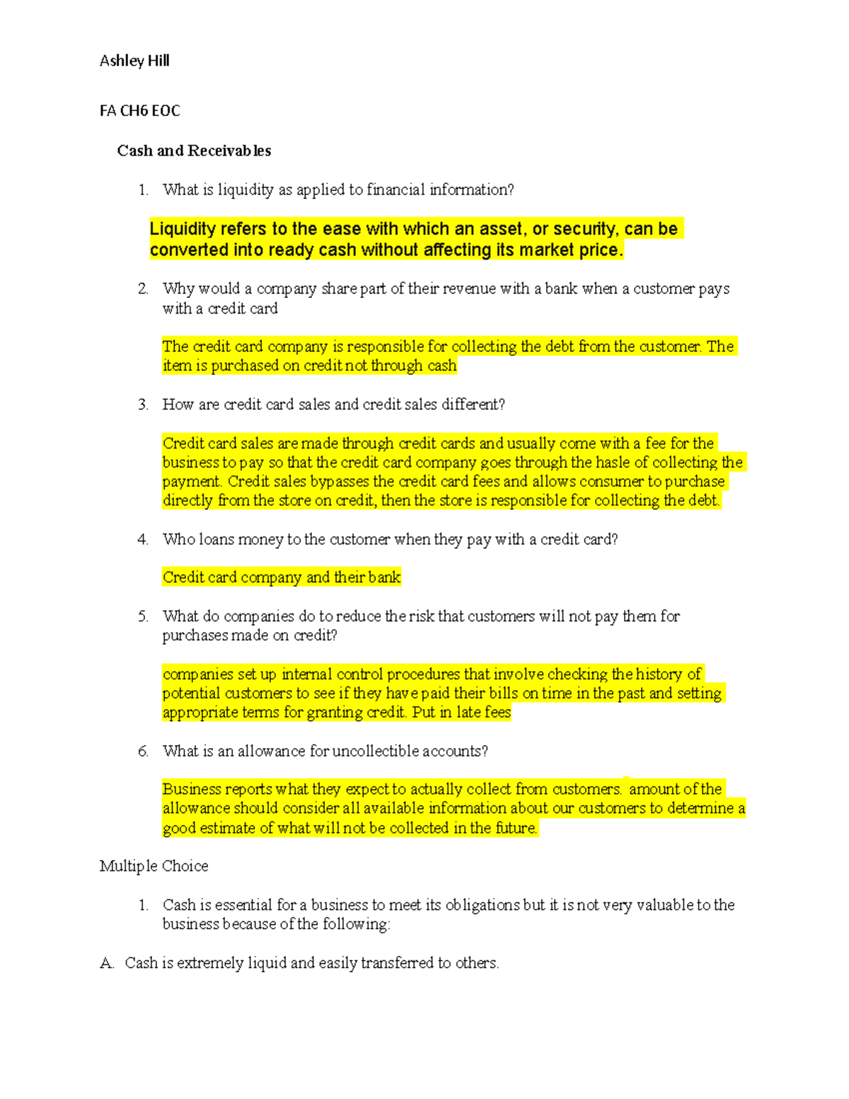 FA CH6 EOC - chapter homework - FA CH6 EOC Cash and Receivables What is ...