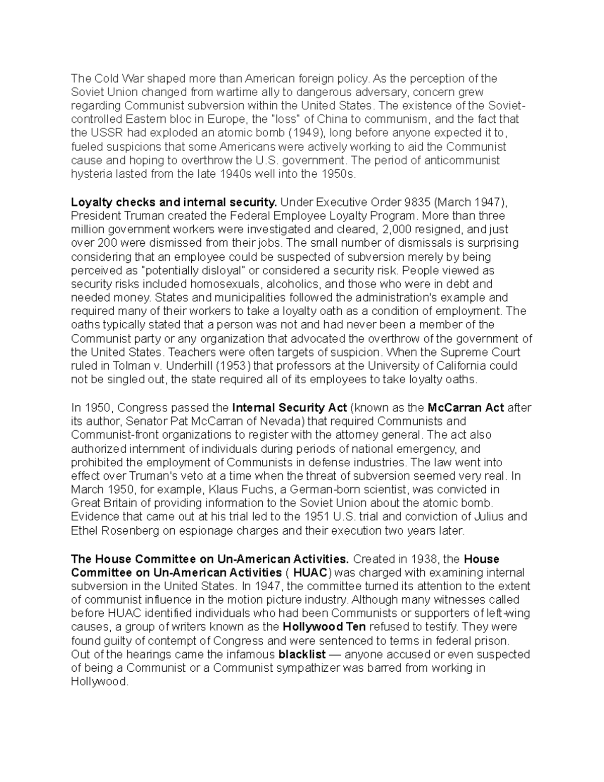 The Cold War at Home - United States history II notes topic. - The Cold ...