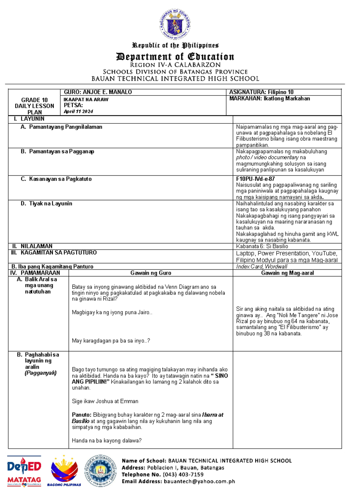 4TH QTR Basilio - GRADE 10 DAILY LESSON PLAN GURO: ANJOE E. MANALO ...