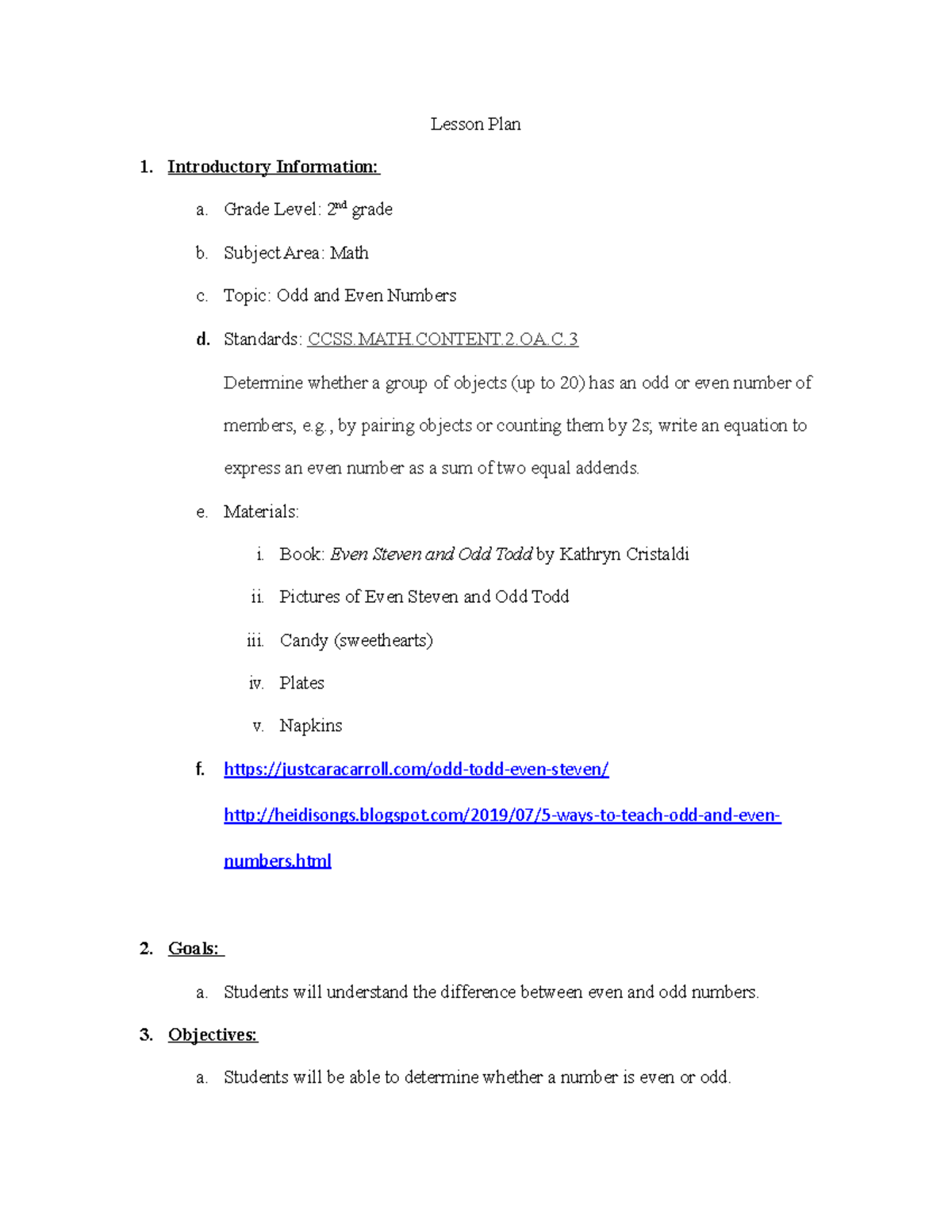 Lesson Plan - work - Lesson Plan 1. Introductory Information: a. Grade ...