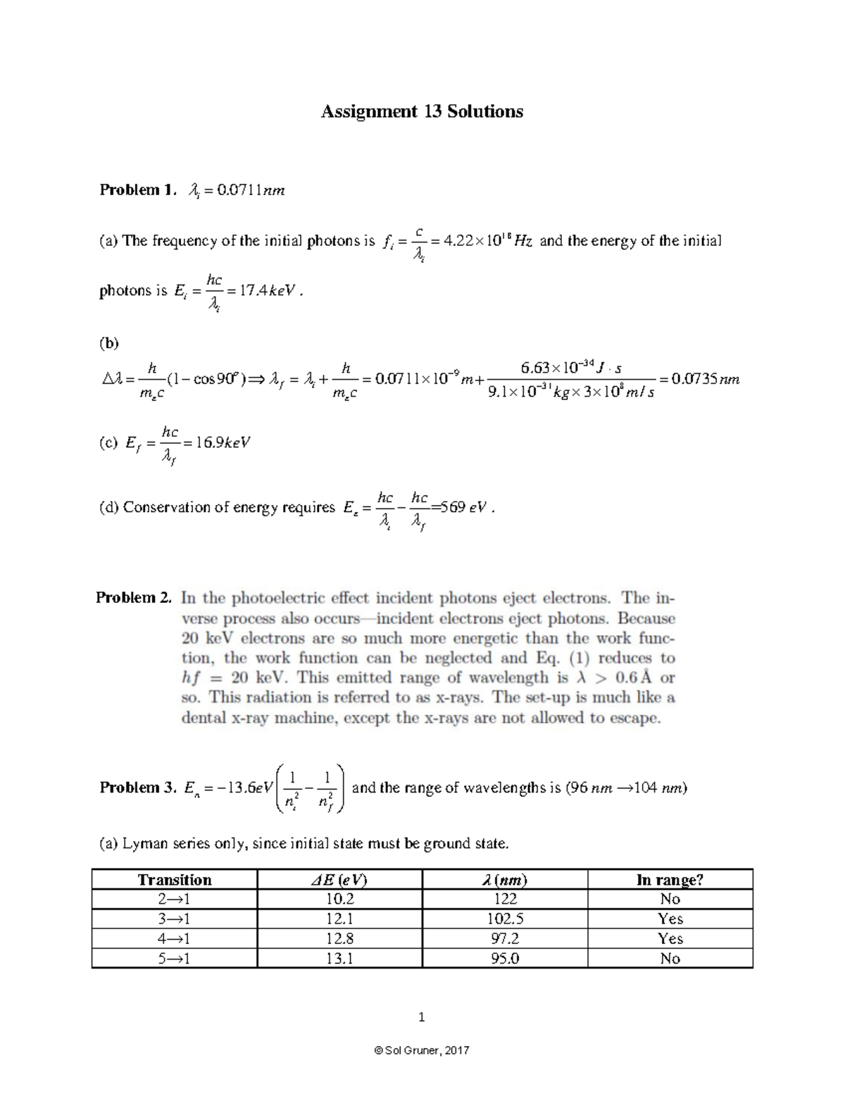 PHYS 2208 HW#13 Solutions S'17 - 1 Assignment 13 Solutions Problem 1. i .0 0711 nm (a) The - Studocu
