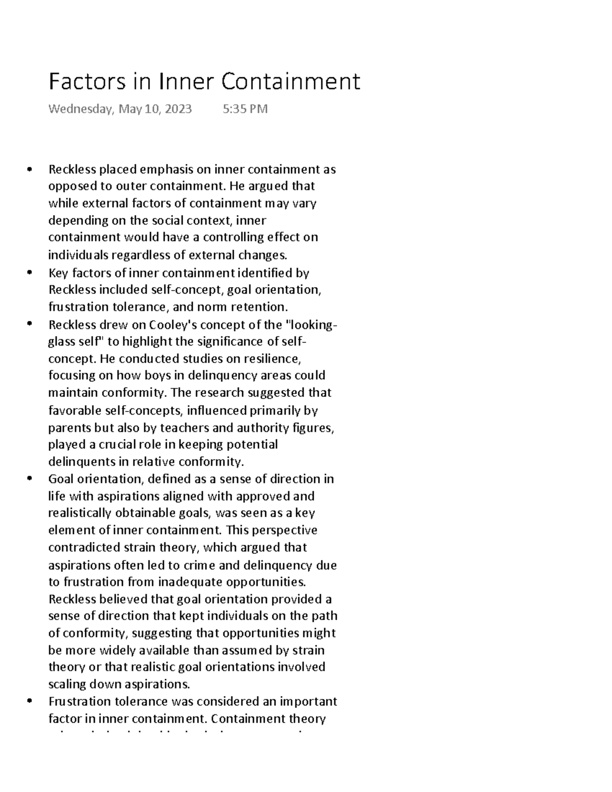 Factors in Inner Containment - Reckless placed emphasis on inner ...