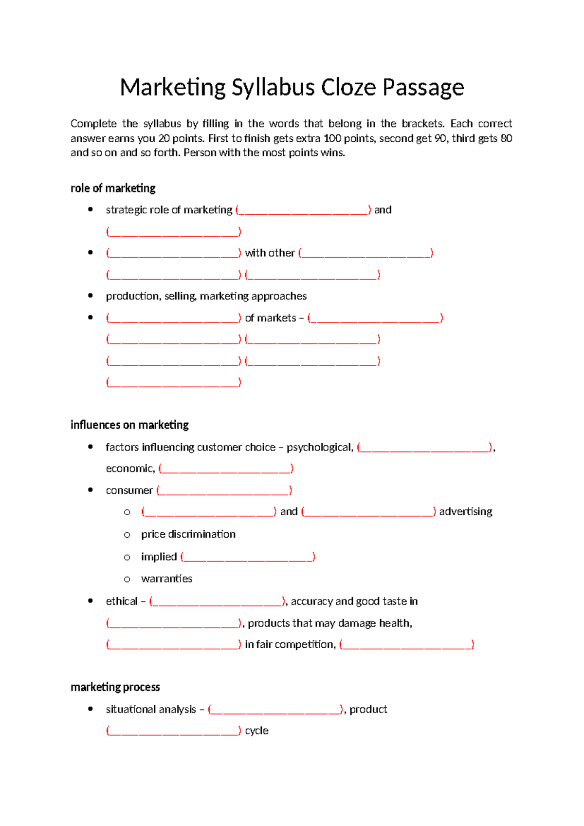 Marketing blank syllabus business studies - Marketing Syllabus Cloze ...