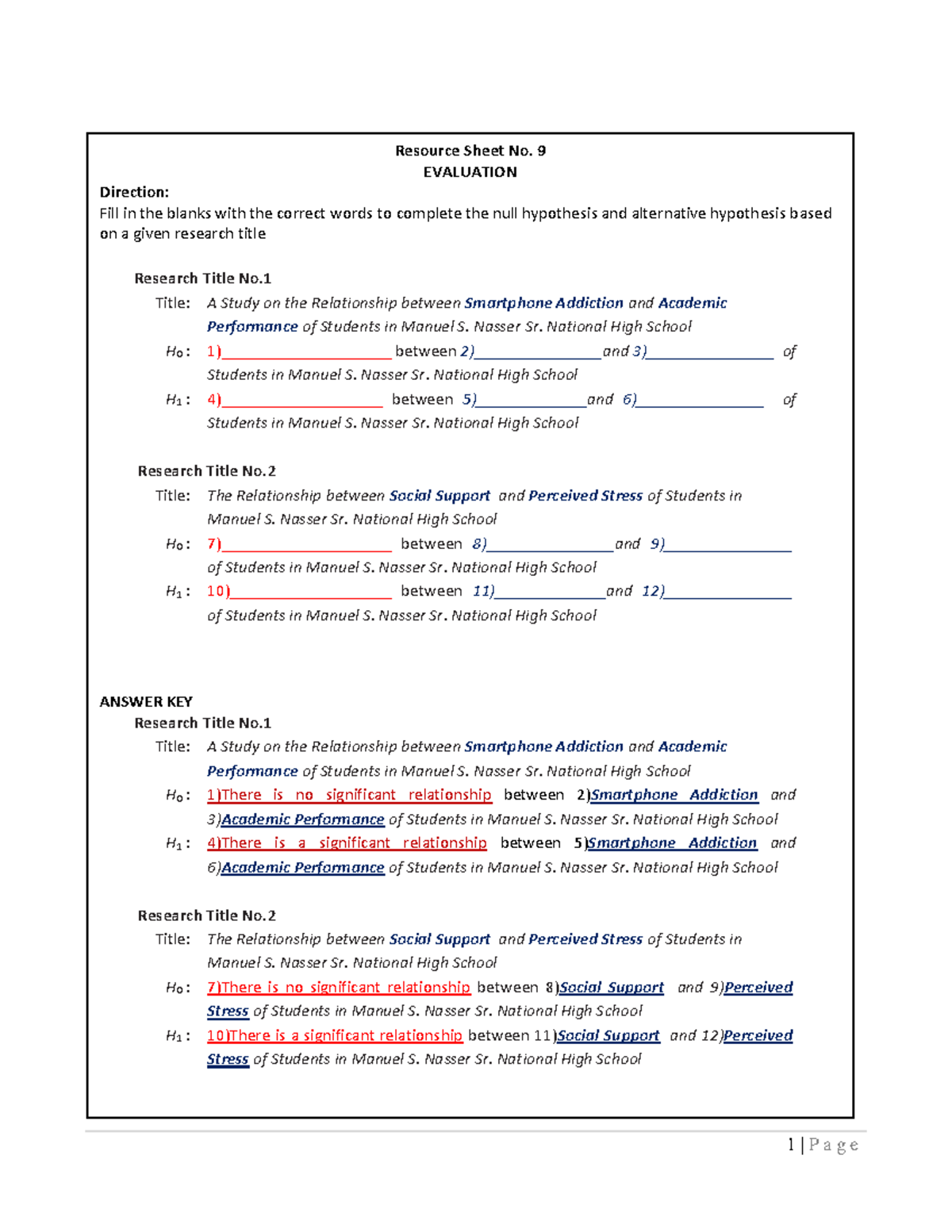 Daily Lesson Log Resource Sheet - 1 | P a g e Resource Sheet No. 9 ...