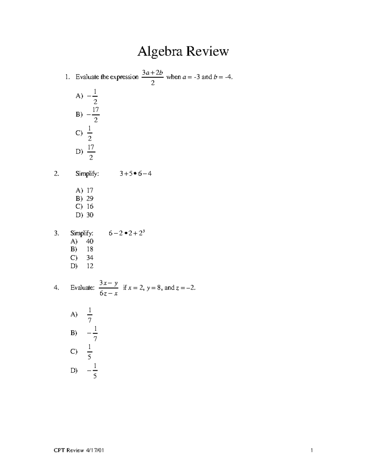 Algebra test - Algebra Review Evaluate the expression 2 3 a + 2 b when ...