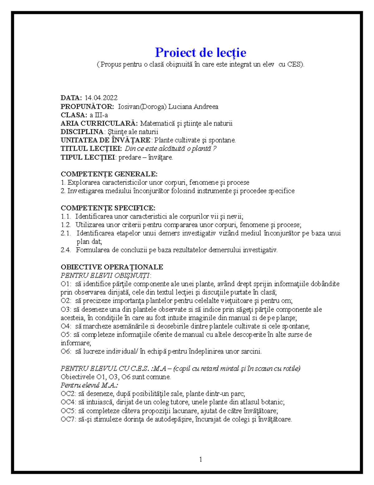410673334 Proiect elev cu ces - Proiect de lecţie ( Propus pentru o clasă obişnuită în care este ...