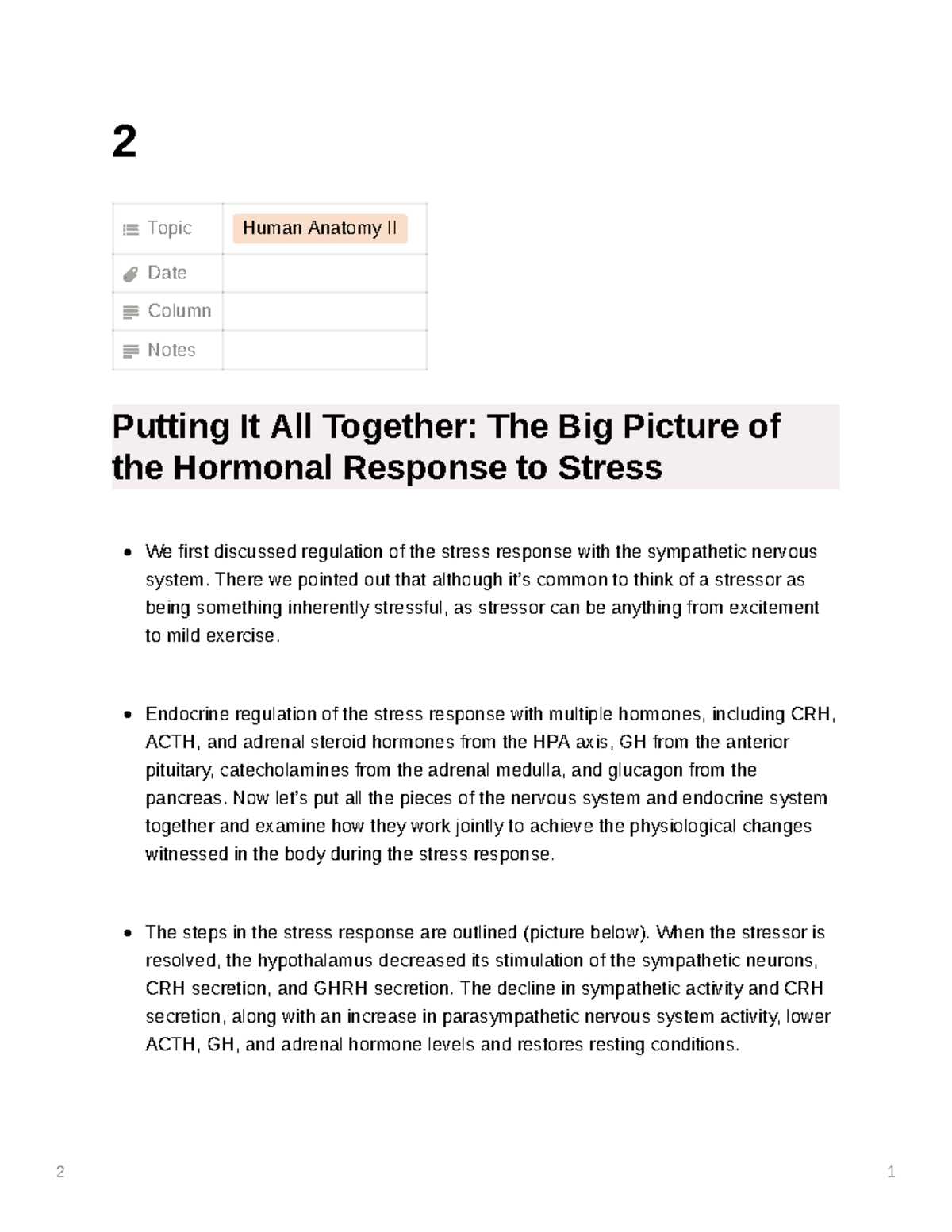 2 - good luck - 2 Topic Human Anatomy II Date Column Notes Putting It ...