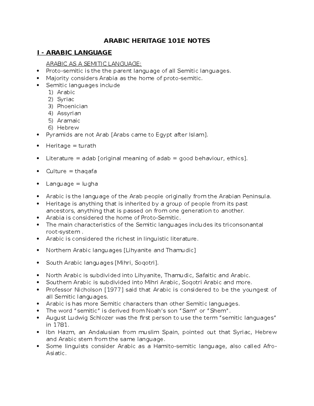 My Notes - ARABIC HERITAGE 101E NOTES I ARABIC LANGUAGE ARABIC AS A ...