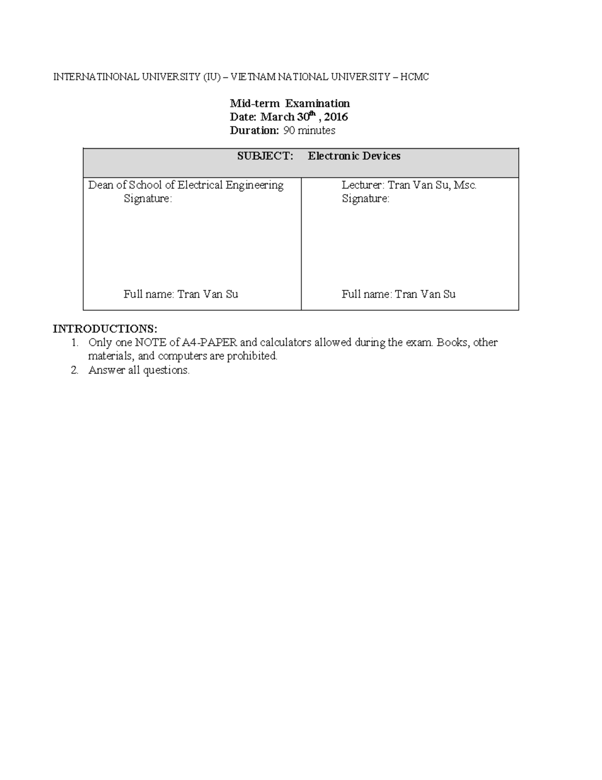 Mid term March 2016 - note - INTERNATINONAL UNIVERSITY (IU) – VIETNAM ...