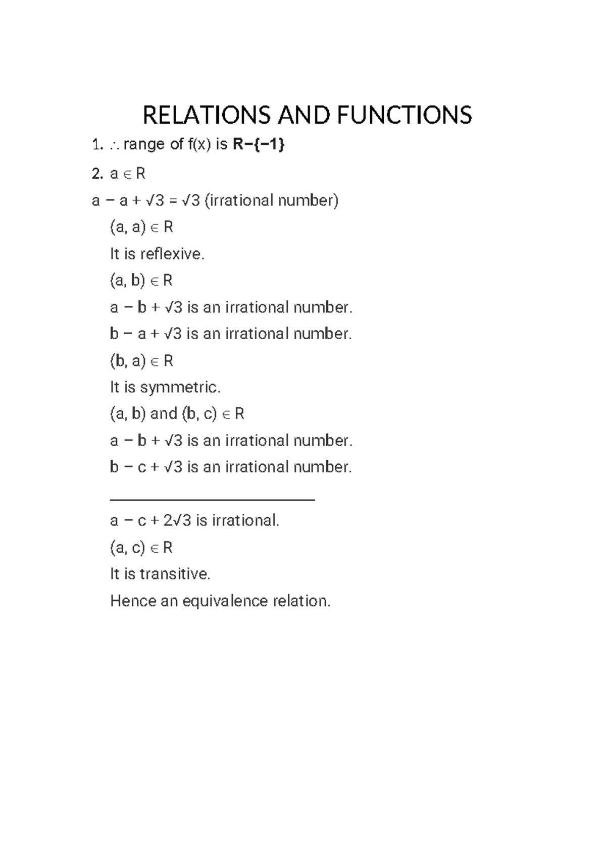 Relations AND Functions - RELATIONS AND FUNCTIONS 1. ∴ range of f(x) is R−{−1} 2. a ∈ R a – a ...