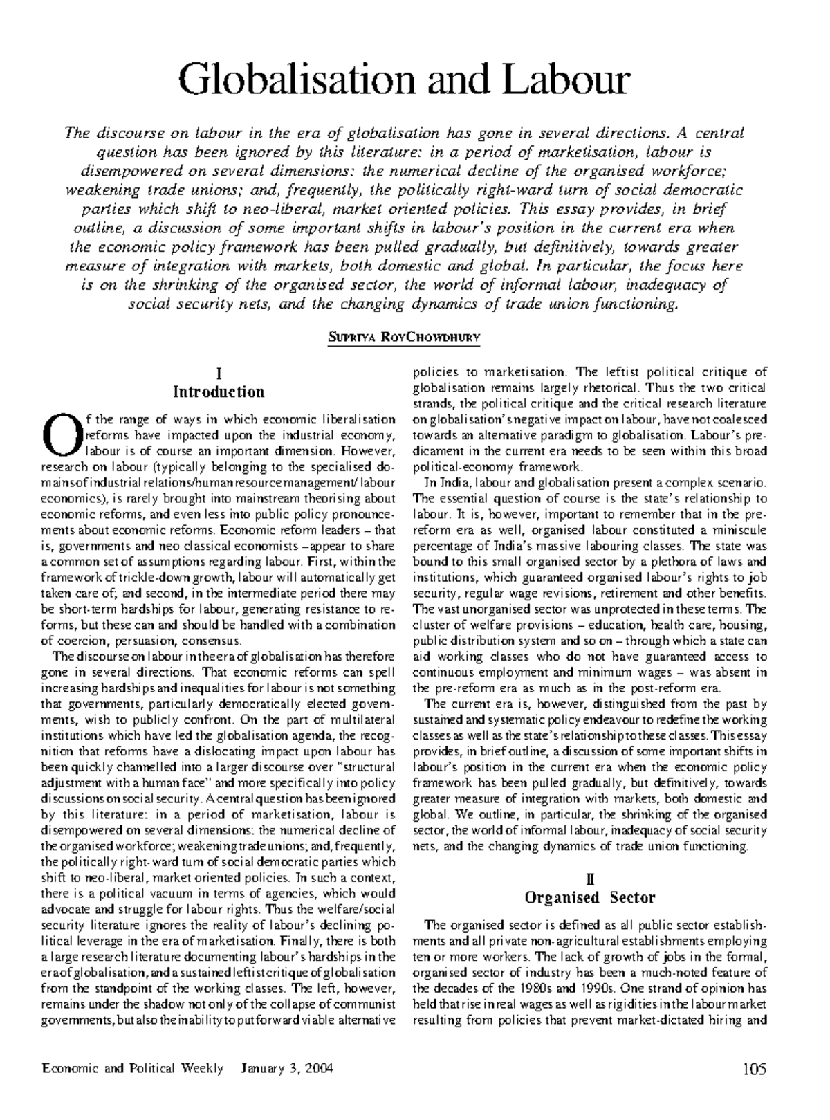 Globalisation and Labour - I Introduction O f the range of ways in ...