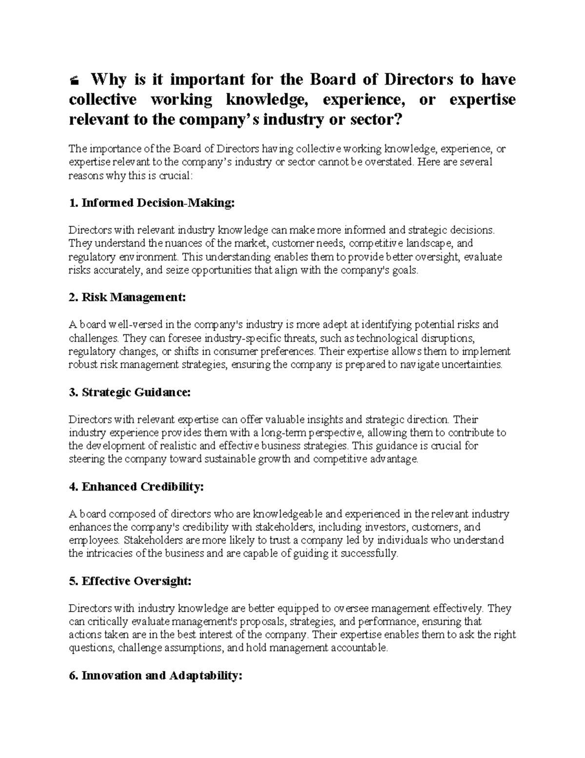 Chapter 3- Questions-8 - Why is it important for the Board of Directors ...