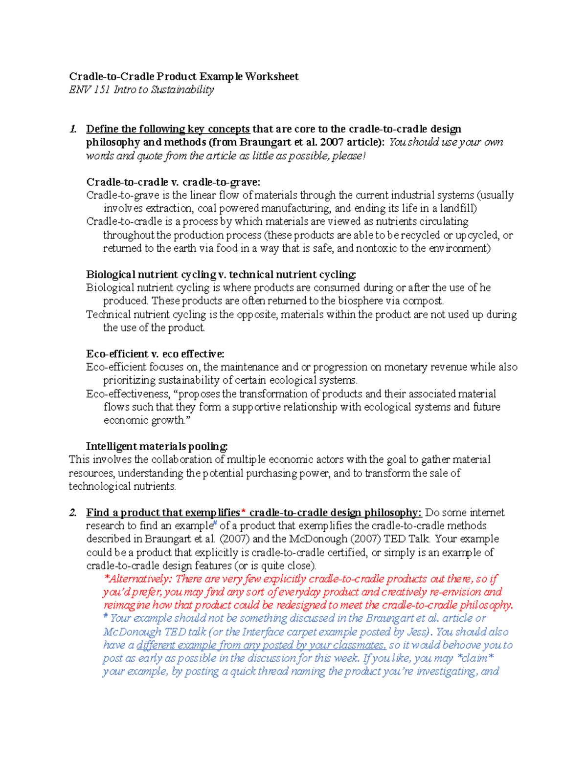 Cradle-to-Cradle Product Worksheet - Cradle-to-Cradle Product Example ...