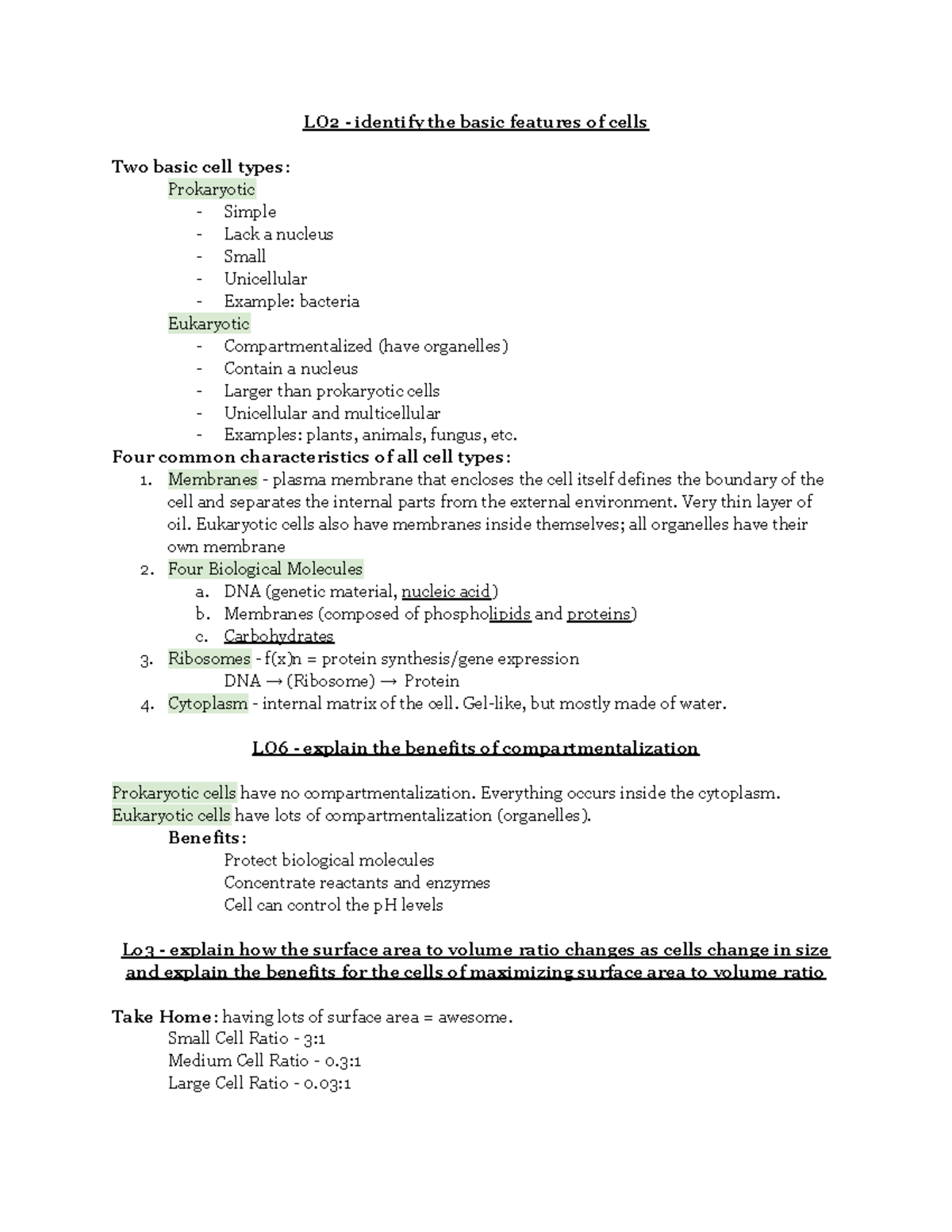 Basic Cell Features - LO2 - identify the basic features of cells Two ...
