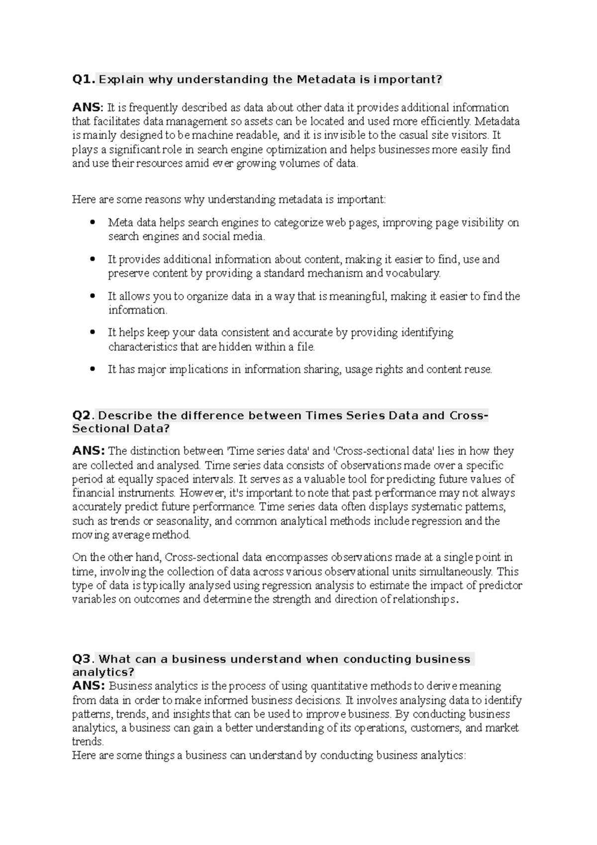 Statistics - assignment 1 - Q1. Explain why understanding the Metadata ...