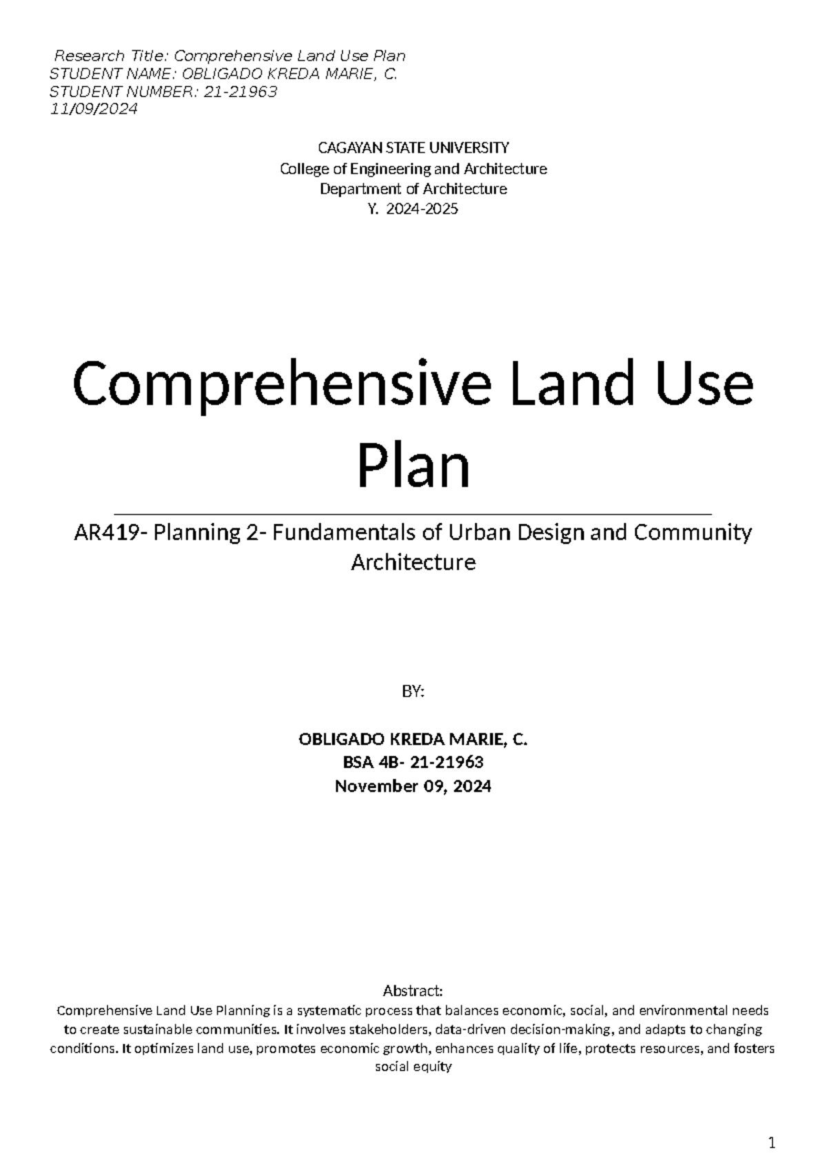 Comprehensive LAND USE Planning - STUDENT NAME: OBLIGADO KREDA MARIE, C ...