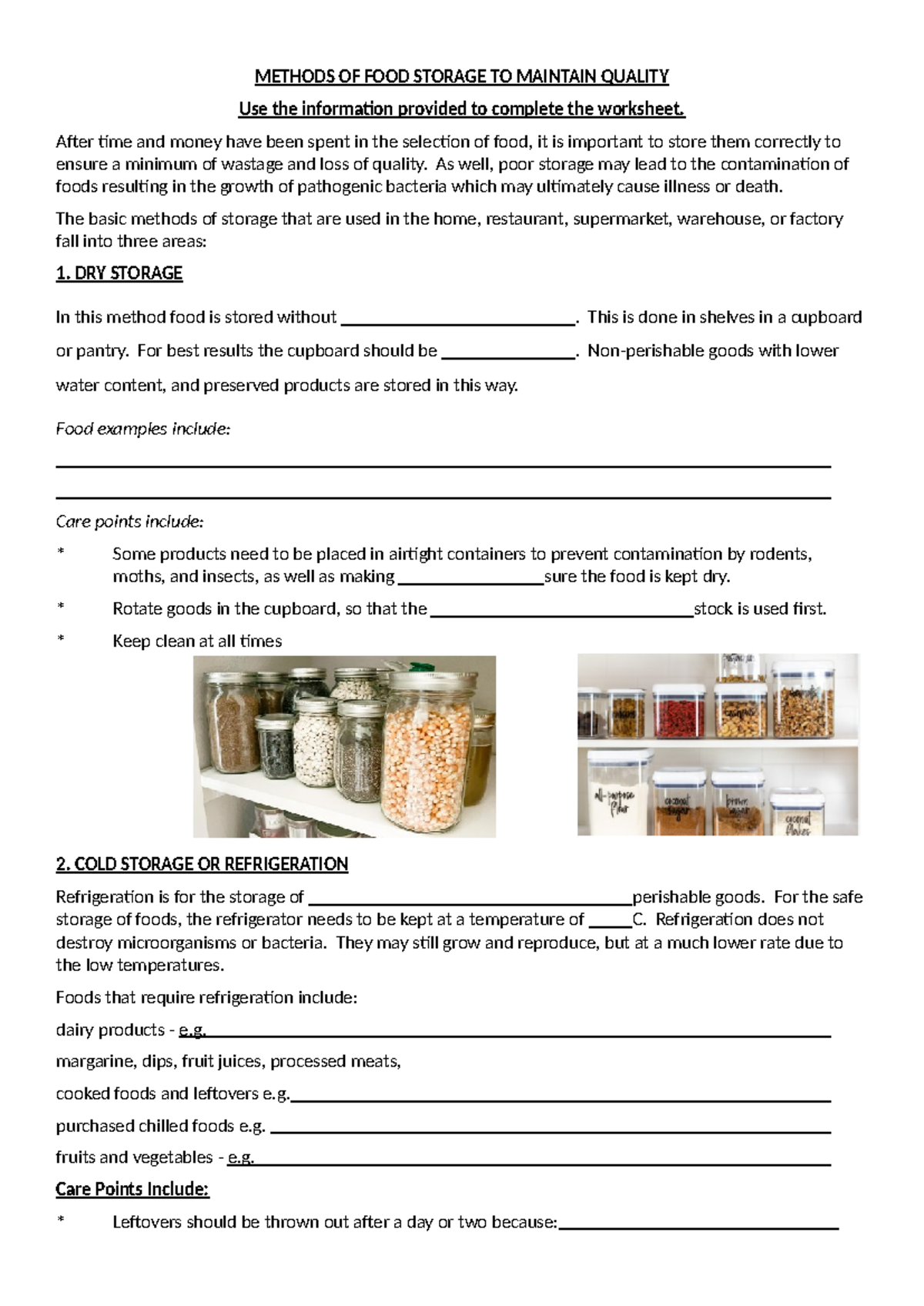Food storage information worksheet - METHODS OF FOOD STORAGE TO ...