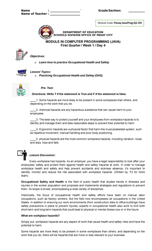 Module IN Programming-Module 2-Q1-WK2-DAY2 - Name of Teacher : ______________________ DEPARTMENT ...