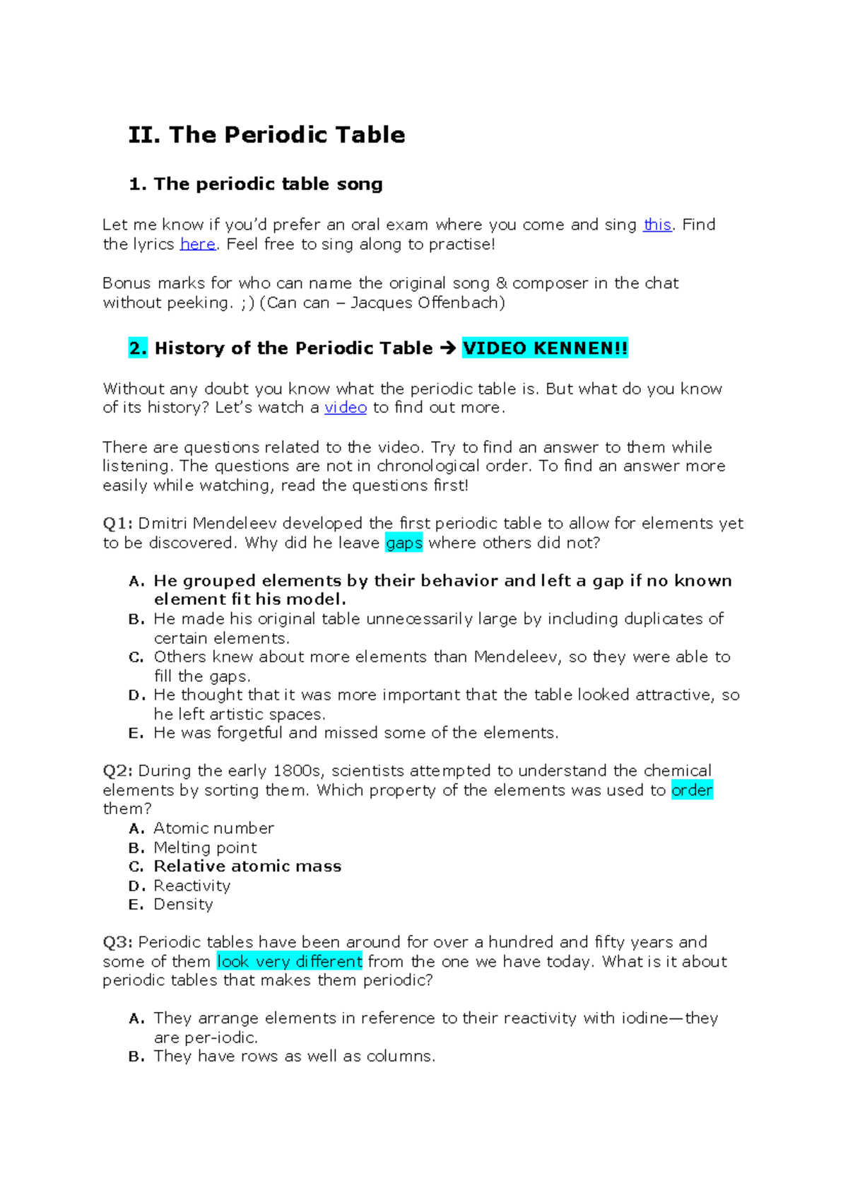 Periodic table - II. The Periodic Table 1. The periodic table song Let ...