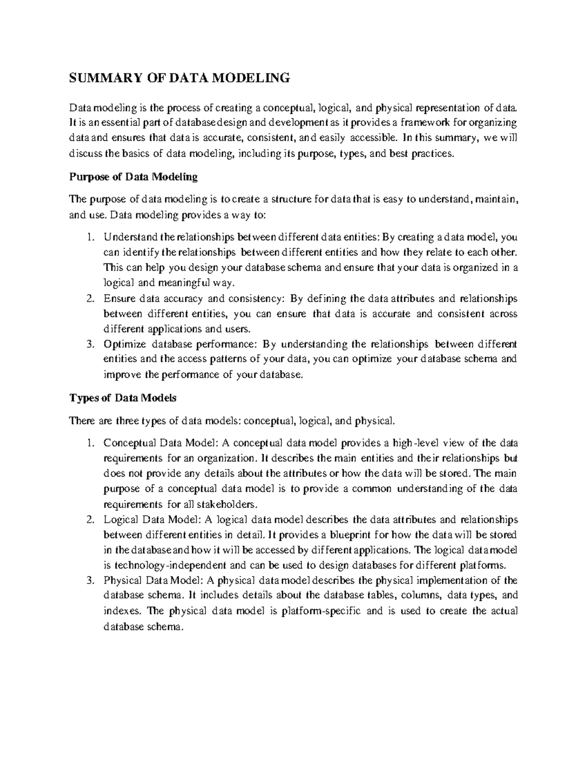 Summary Of Data Modeling SUMMARY OF DATA MODELING Data Modeling Is
