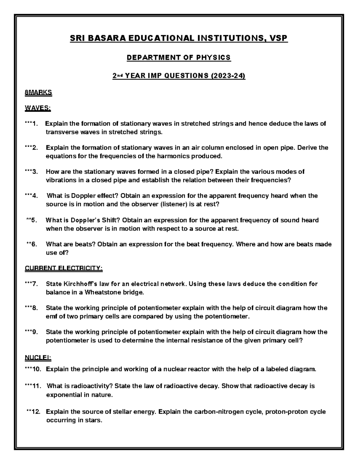 2nd YEAR IMP QUE 2023-24 - SRI BASARA EDUCATIONAL INSTITUTIONS, VSP DEPARTMENT OF PHYSICS 2 nd ...