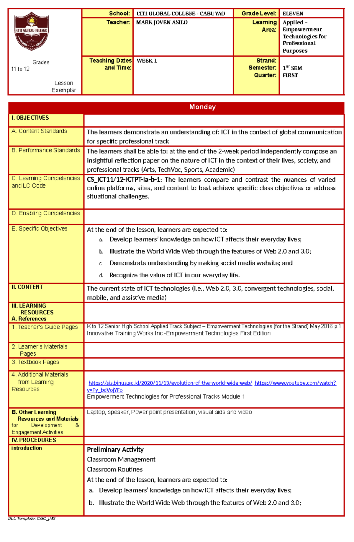 G11 -Empowerment Technology - WEEK 1 - Grades 11 to 12 Lesson Exemplar ...