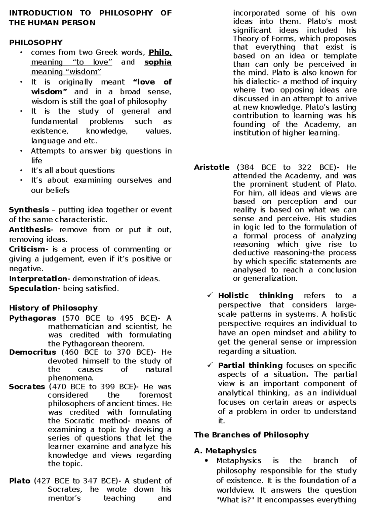 Philosophy- Handout-1st - INTRODUCTION TO PHILOSOPHY OF THE HUMAN ...
