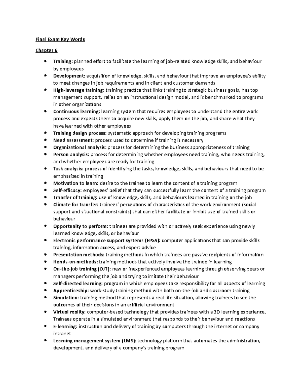 Final key terms - Final Exam Key Words Chapter 6 Training: planned ...