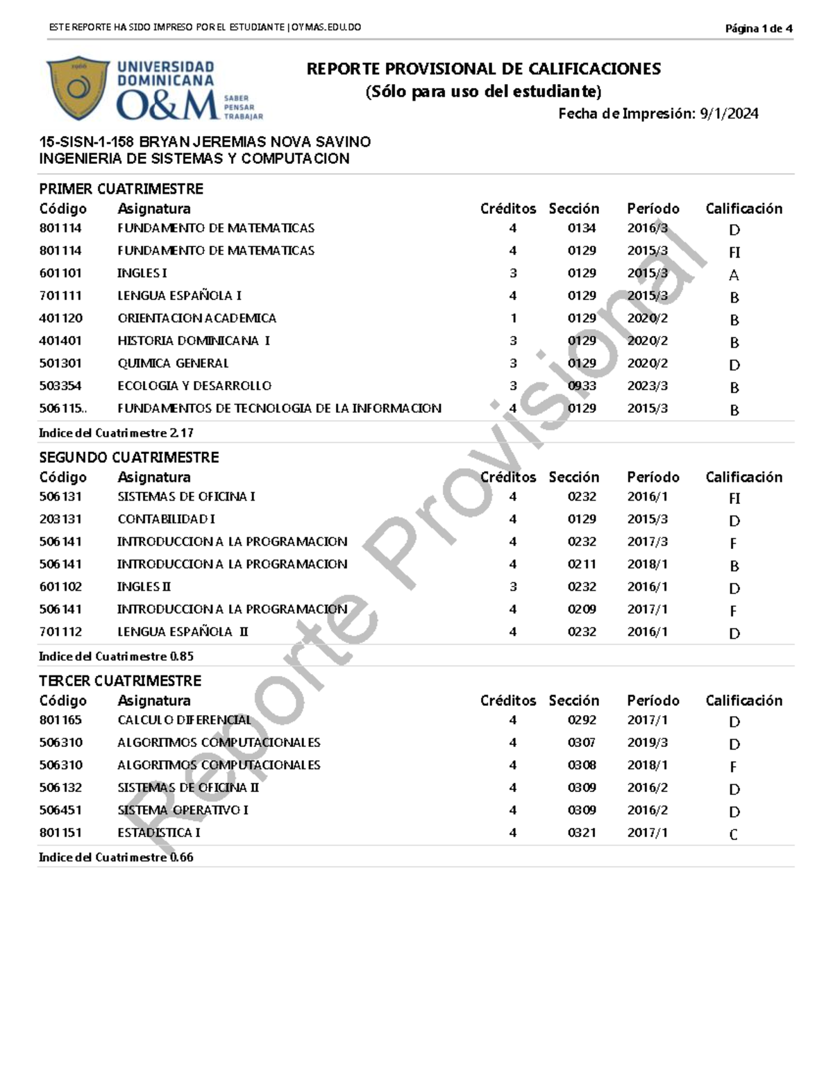 Oymas relacion materias - Reporte Provisional REPORTE PROVISIONAL DE ...