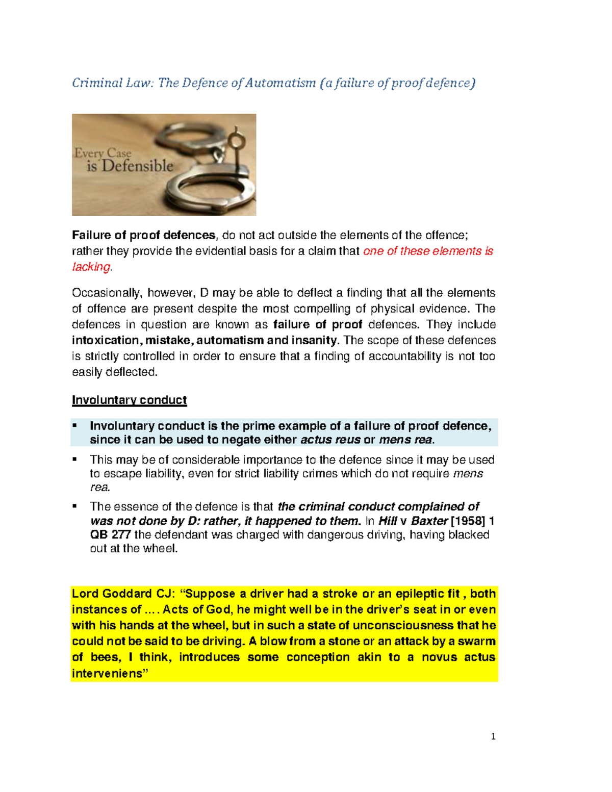 Crime Automatism Lecture and Tutorial 2022 - Criminal Law: The Defence ...