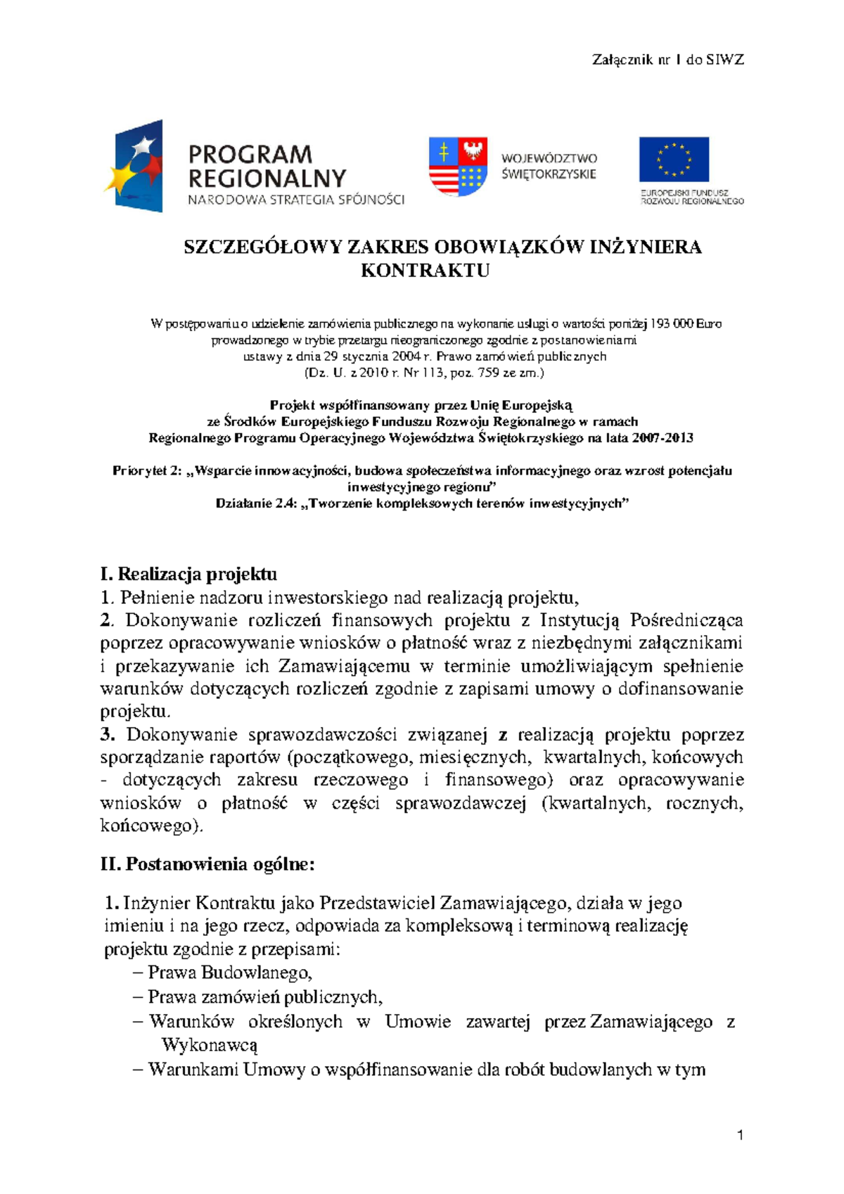 Inzynier kontraktu - opis - SZCZEGÓŁOWY ZAKRES OBOWIĄZKÓW INŻYNIERA ...