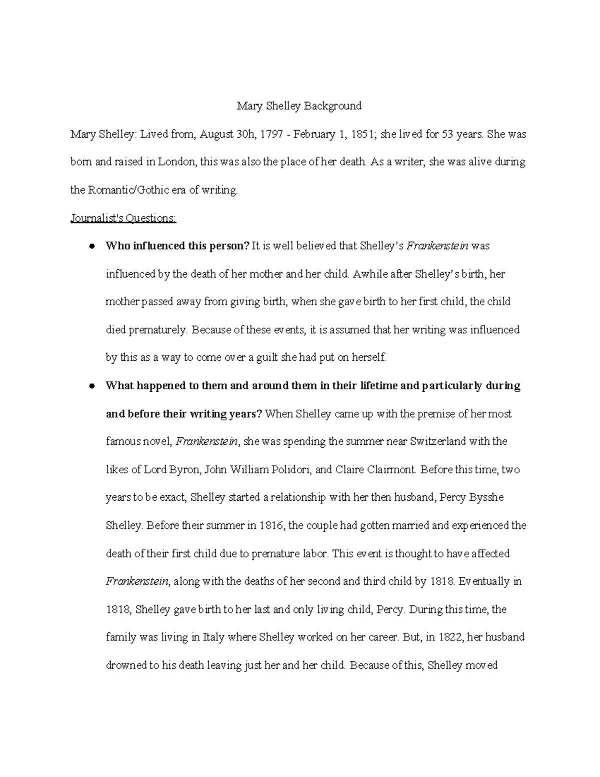 Mary Shelley Background Notes - Mary Shelley Background Mary Shelley ...