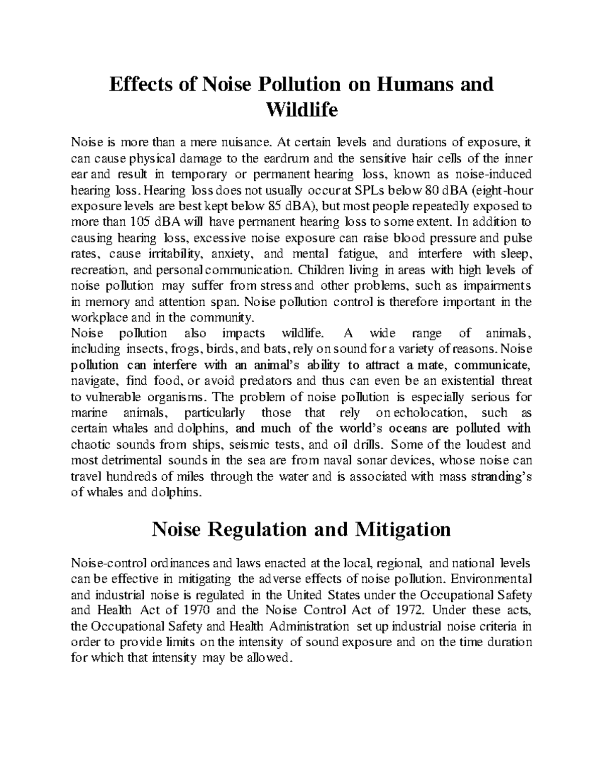 Effects of noise pollution on humans and wildlife - Effects of Noise ...
