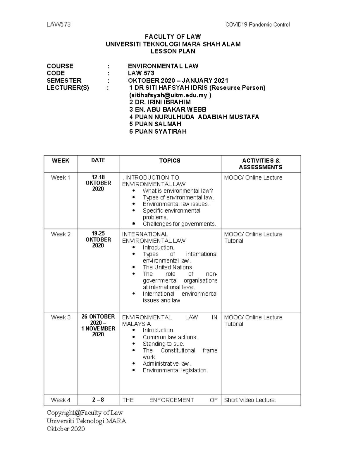 Lesson PLAN LAW573 OKT 2020 - FACULTY OF LAW UNIVERSITI TEKNOLOGI MARA ...