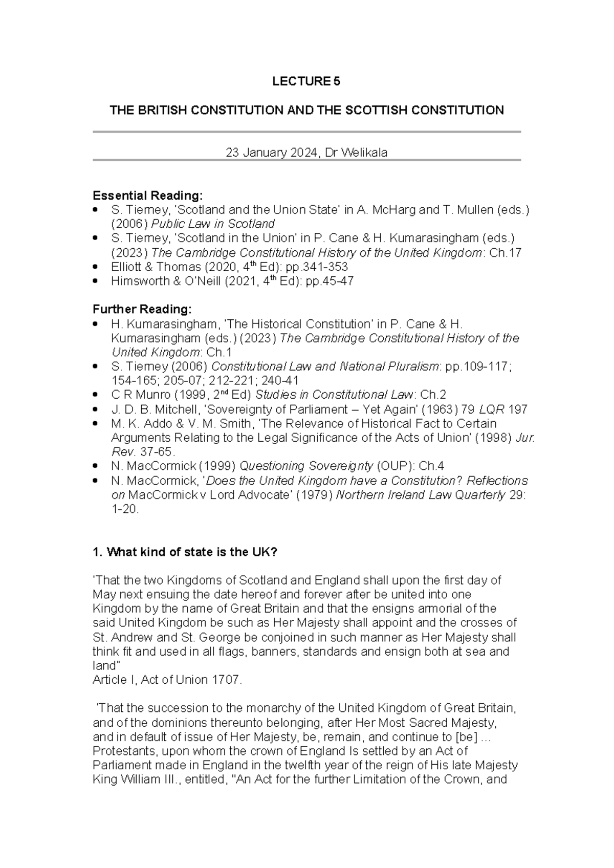 PLUS Lecture 5 Handout - LECTURE 5 THE BRITISH CONSTITUTION AND THE SCOTTISH CONSTITUTION 23 ...
