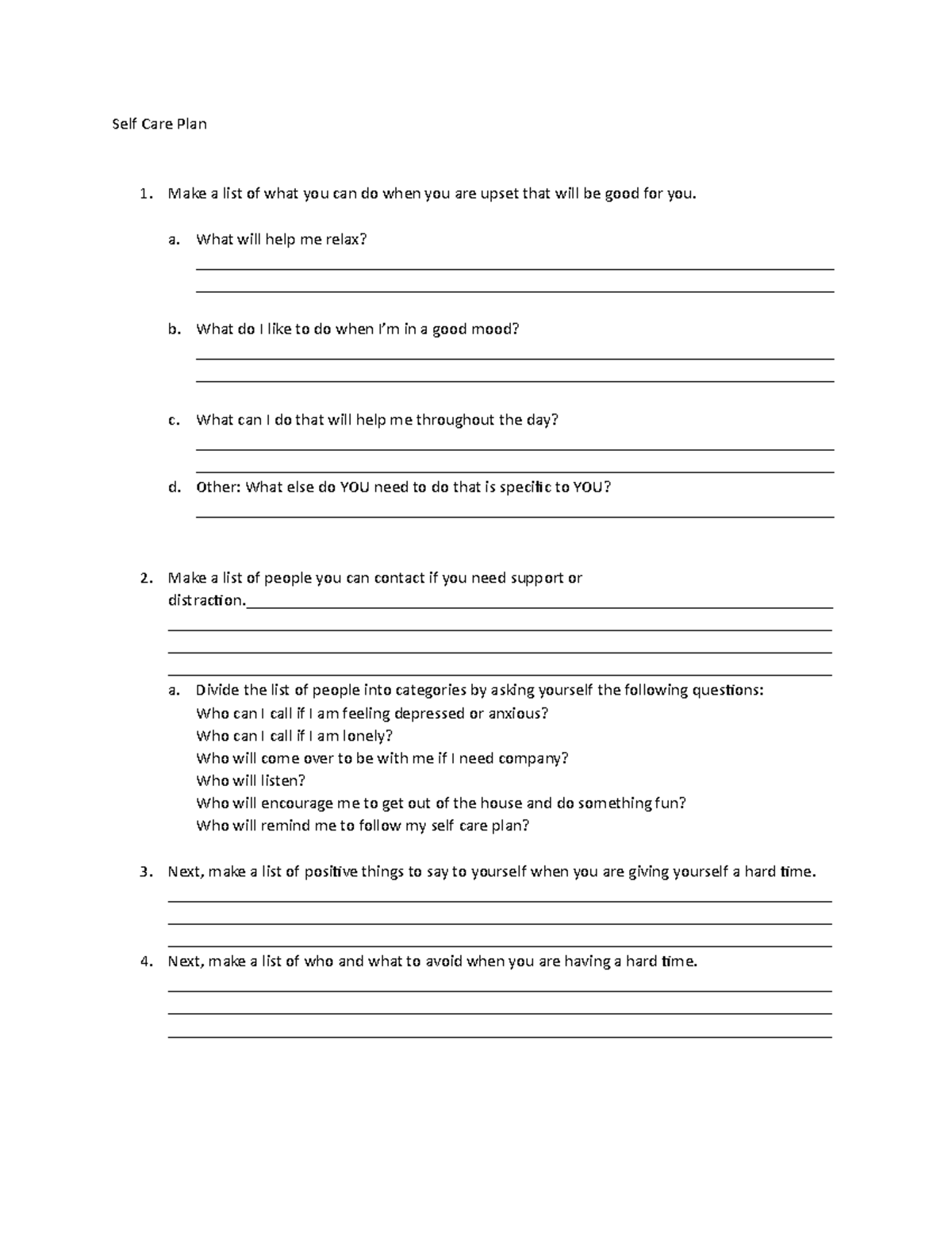 Self Care Plan Self Care Plan Self Care Plan Make A List Of What
