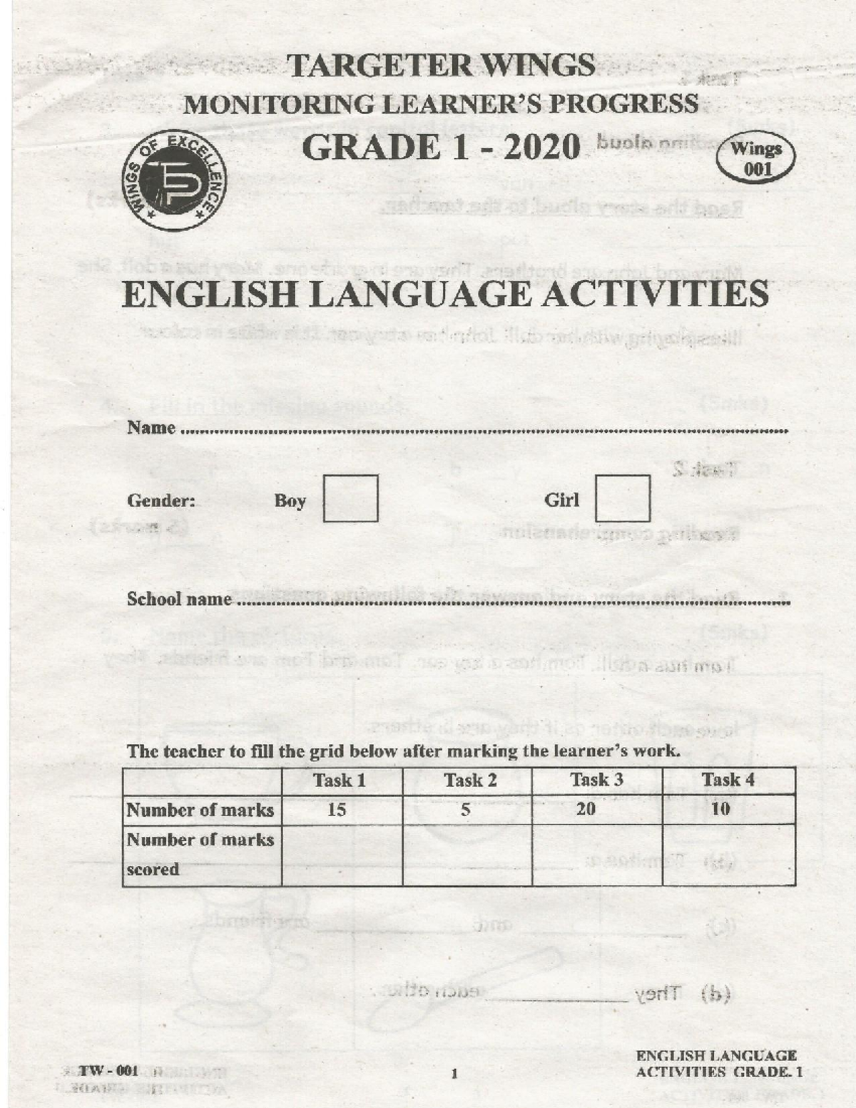 2020 MID T1 Grade 1 English Language Activities EXAM - TARGETER WINGS ...